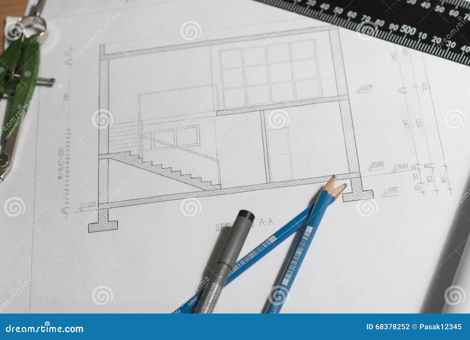 Architectural Blueprints and Blueprint Rolls and a Drawing Instruments ...