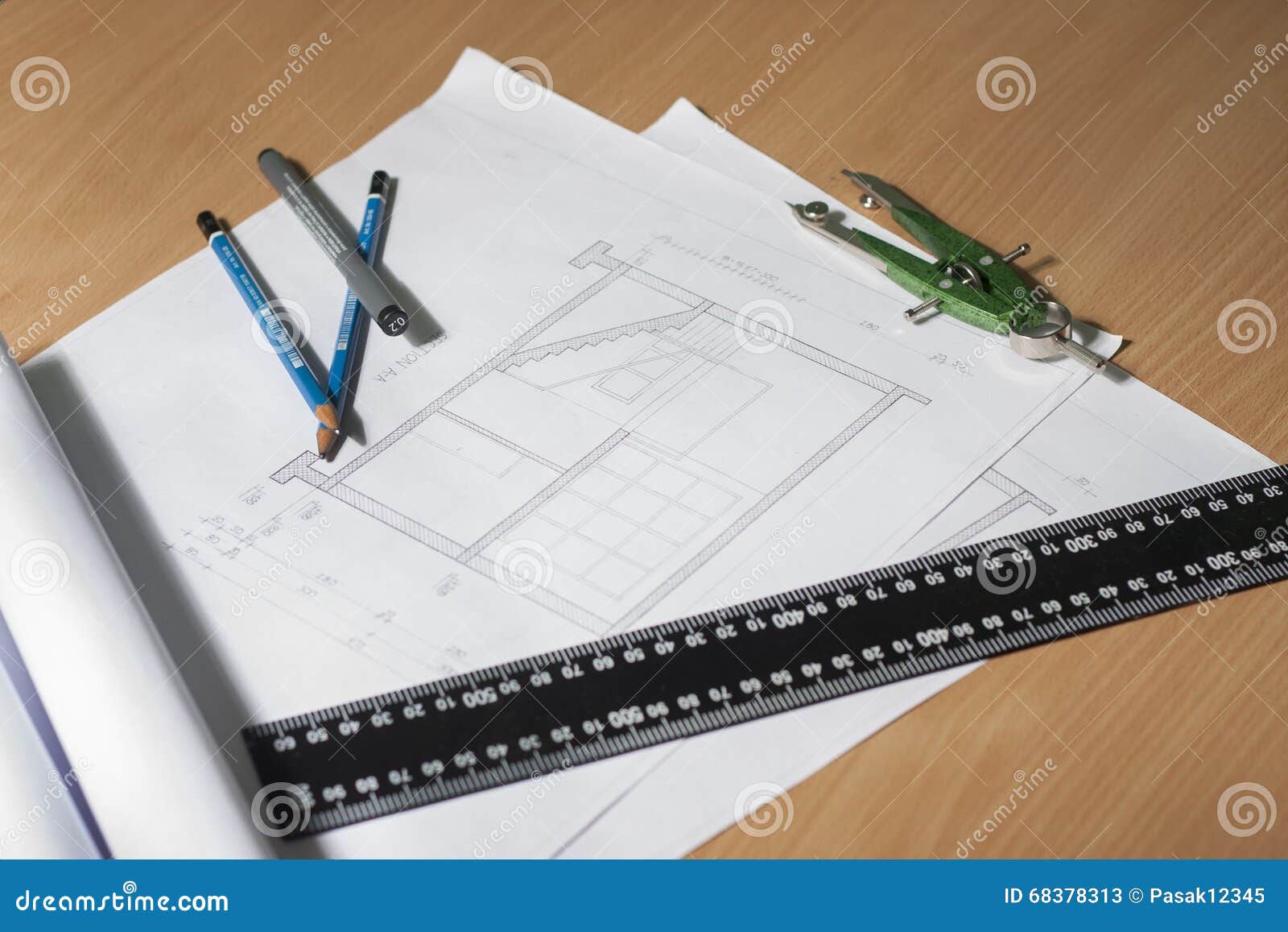 Architectural Blueprints and Blueprint Rolls and a Drawing Instruments ...