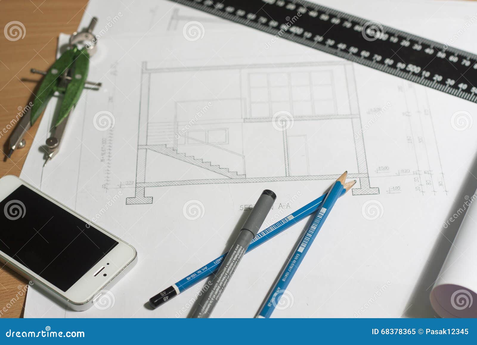 Architectural Blueprints and Blueprint Rolls and a Drawing Instruments ...