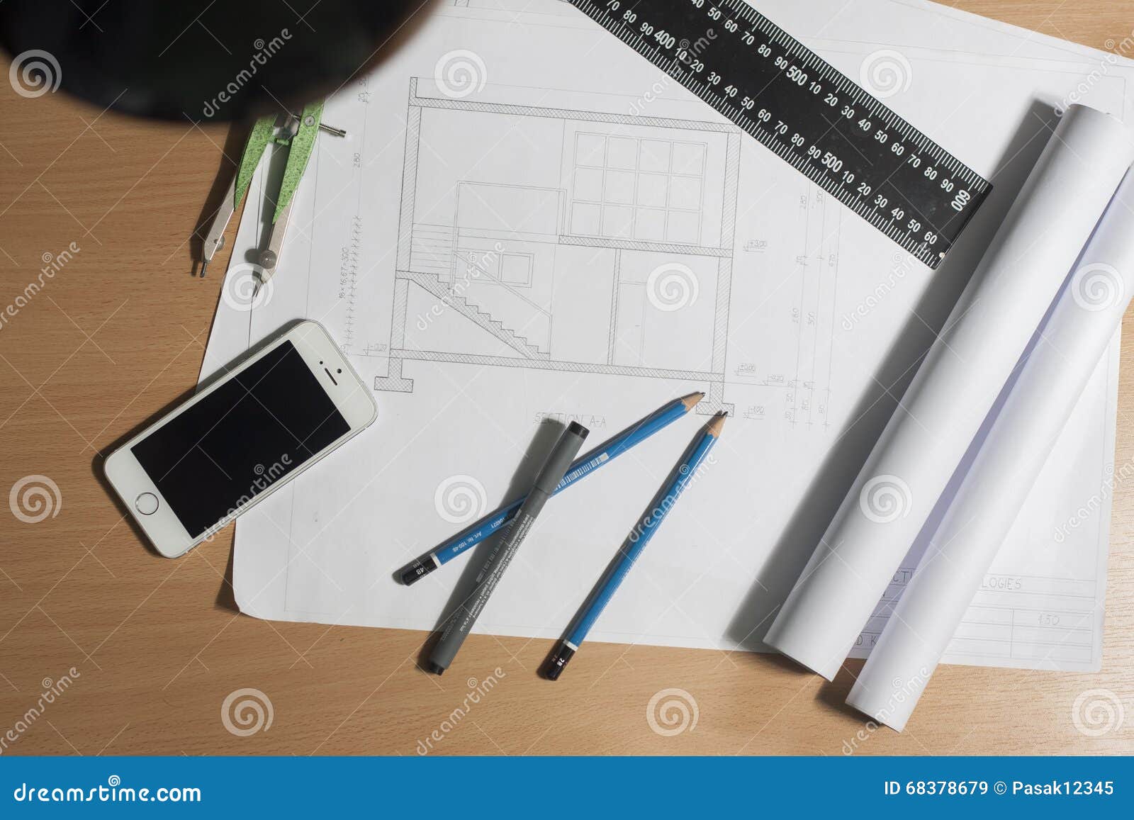 Architectural Blueprints and Blueprint Rolls and a Drawing Instruments ...