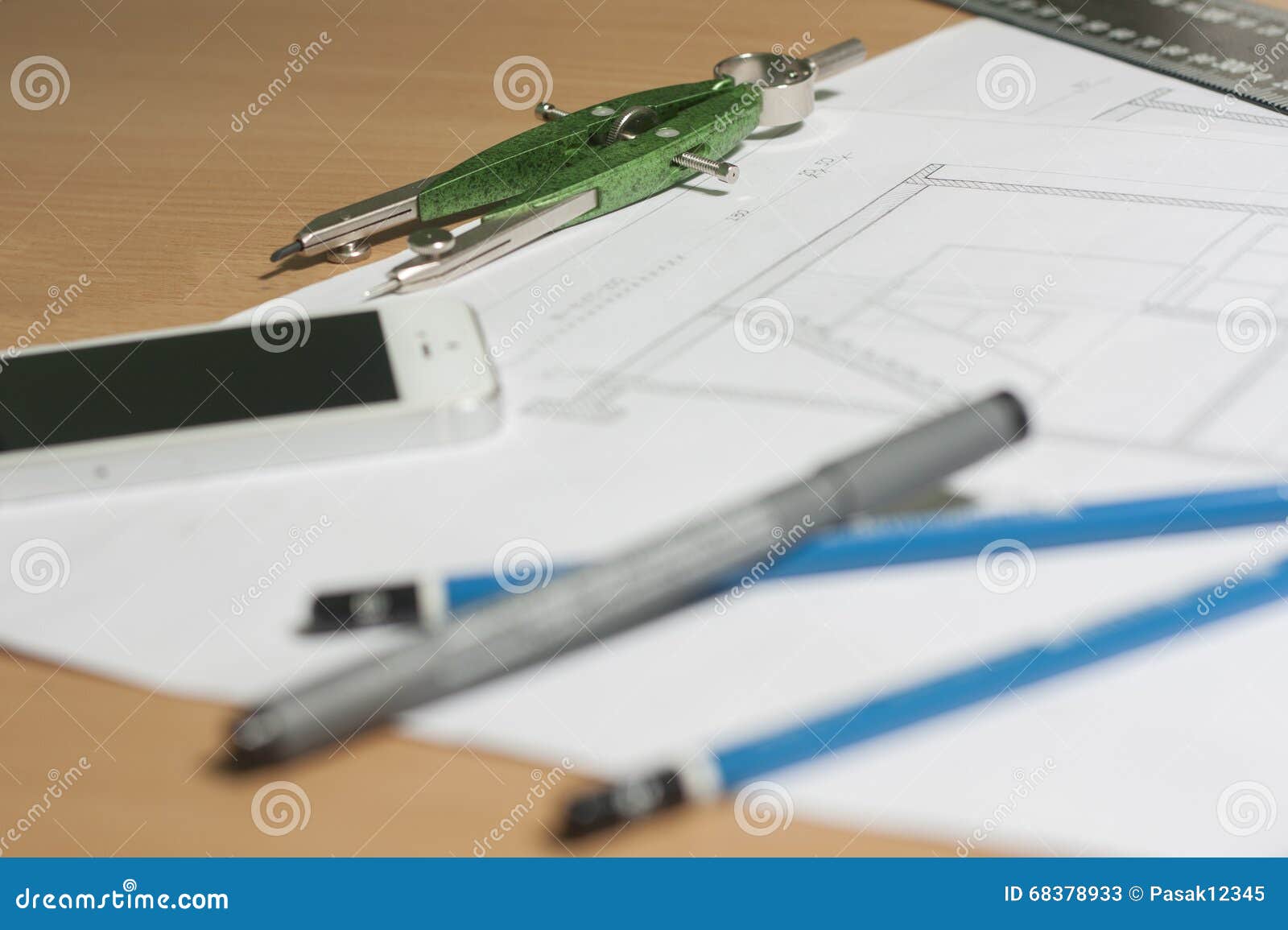 Architectural Blueprints And Blueprint Rolls And A Drawing Instruments ...