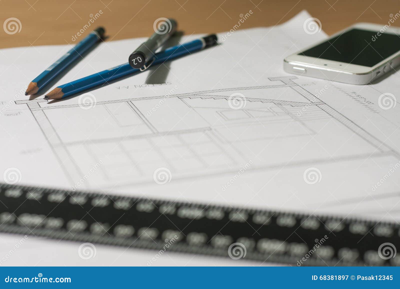 Architectural Blueprints And Blueprint Rolls And A Drawing Instruments ...