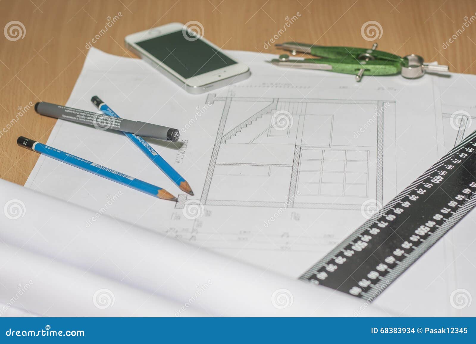 Architectural Blueprints and Blueprint Rolls and a Drawing Instruments ...