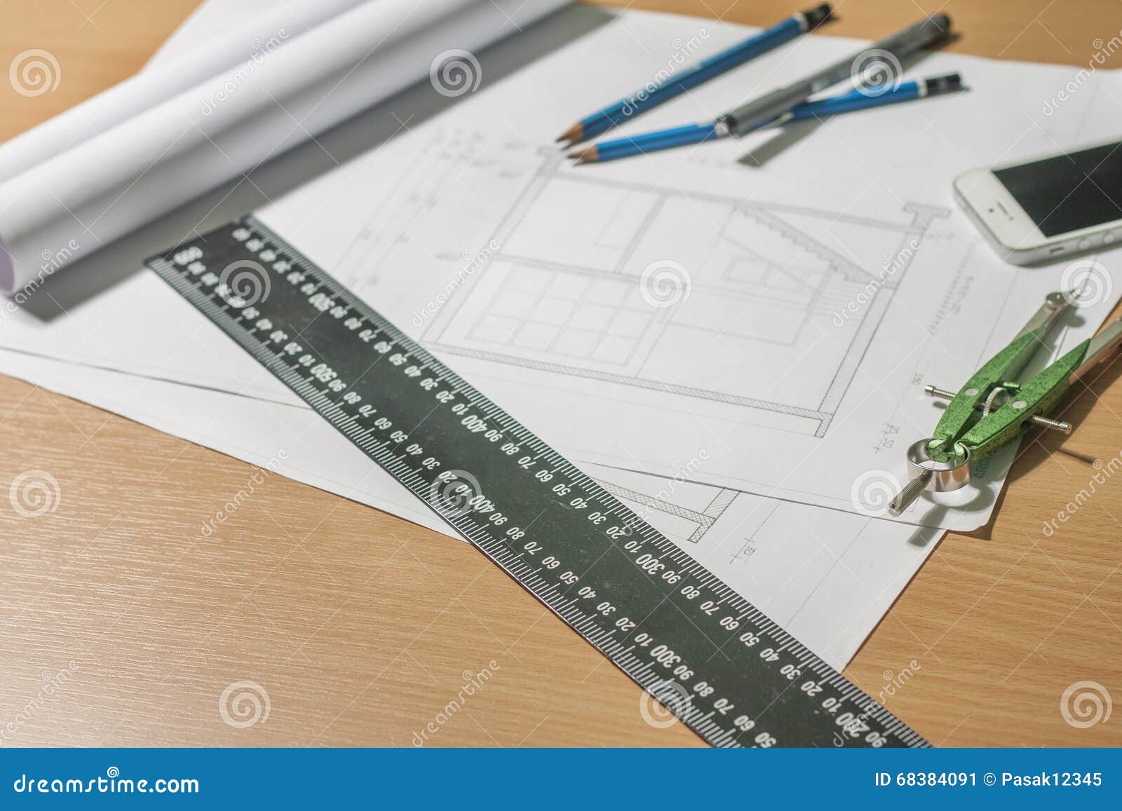 Architectural Blueprints and Blueprint Rolls and a Drawing Instruments ...