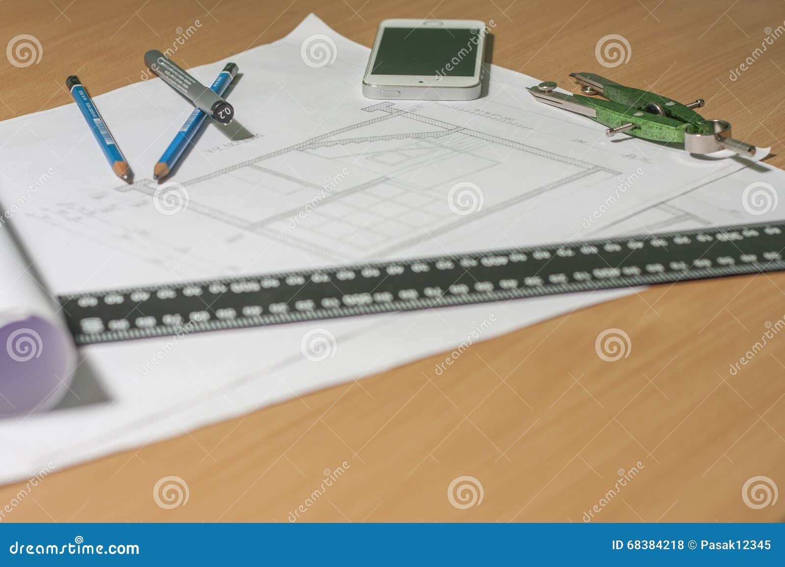 Architectural Blueprints And Blueprint Rolls And A Drawing Instruments ...