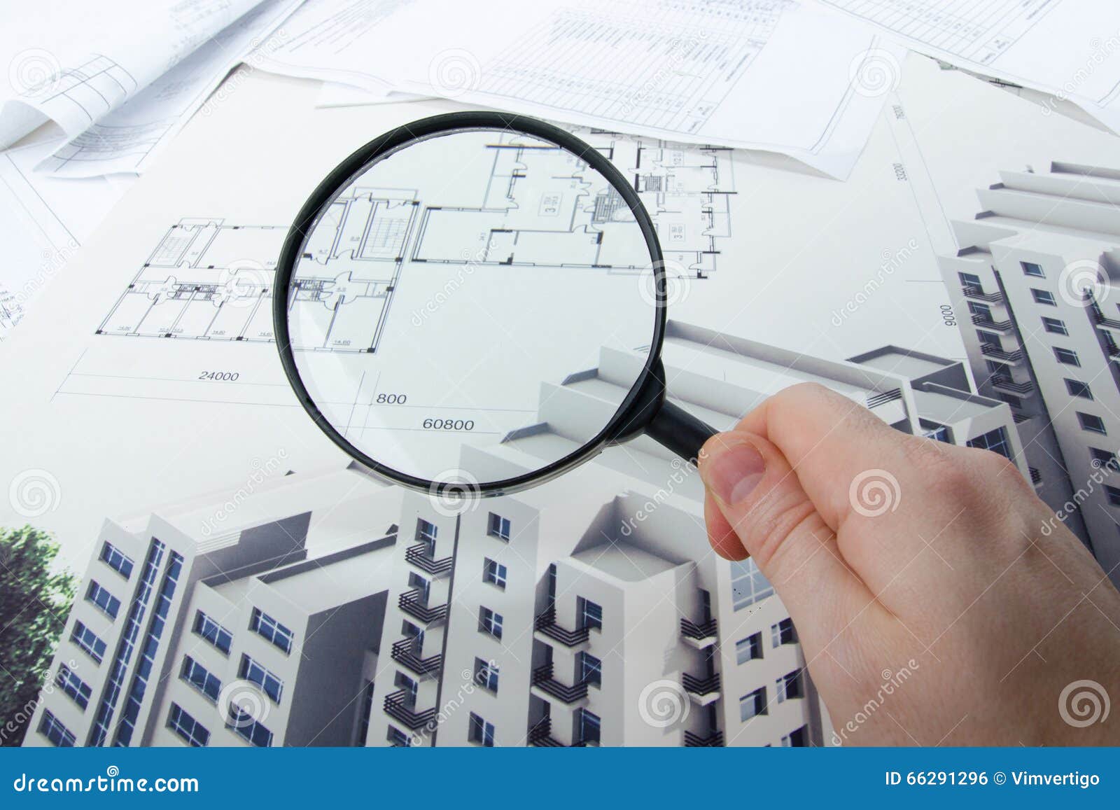 Architectural Blueprints, Blueprint Rolls and Magnifying Glass on White ...