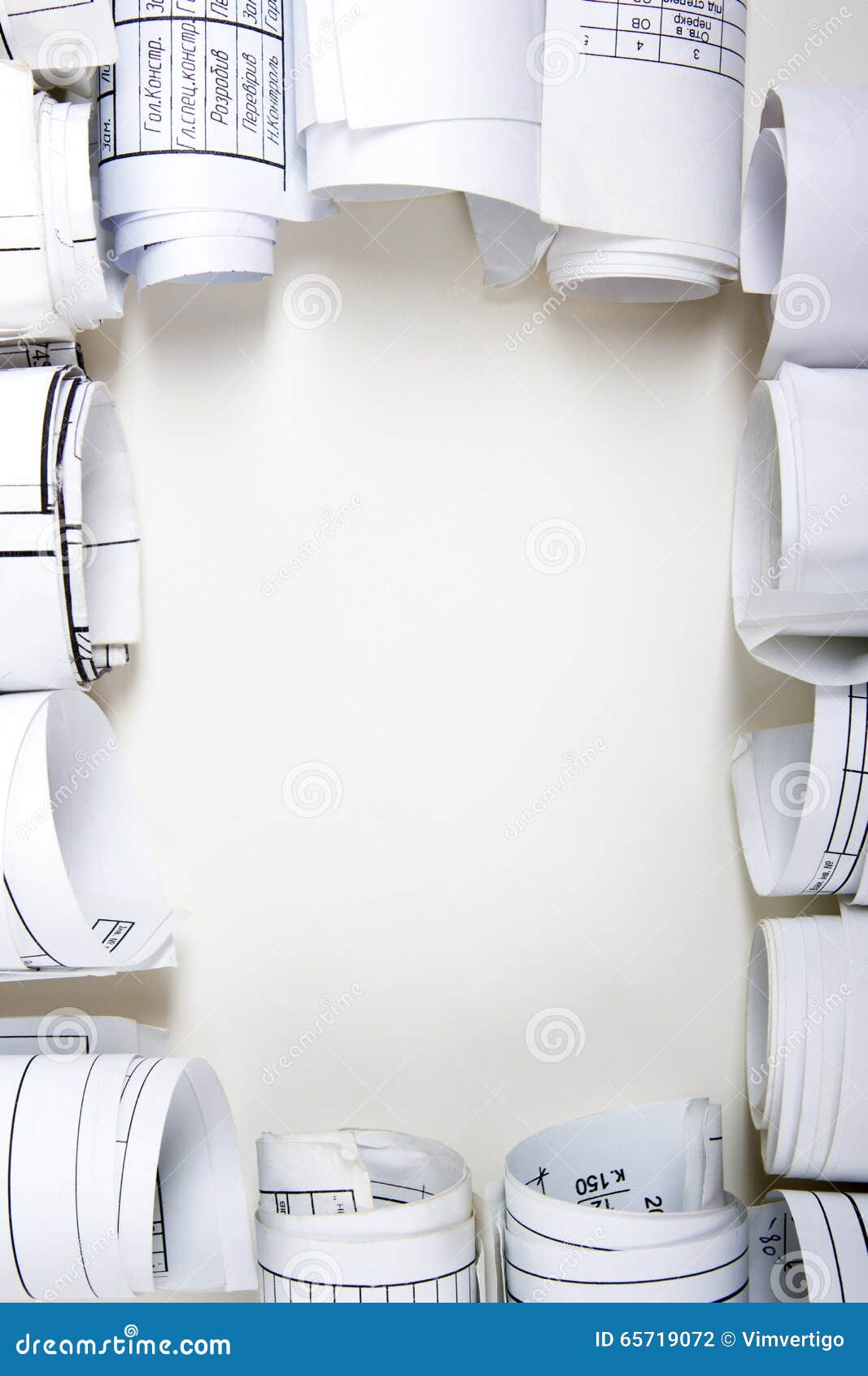 Architectural Blueprints and Blueprint Rolls on White Background. Stock ...