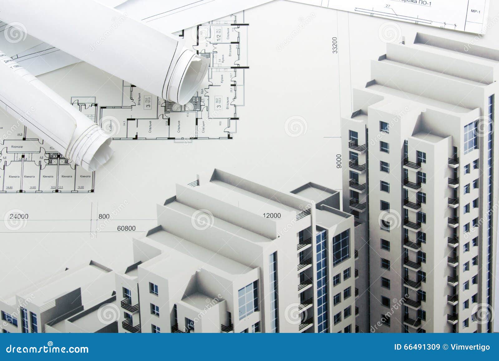 Architectural Blueprints and Blueprint Rolls on White Background. Stock ...