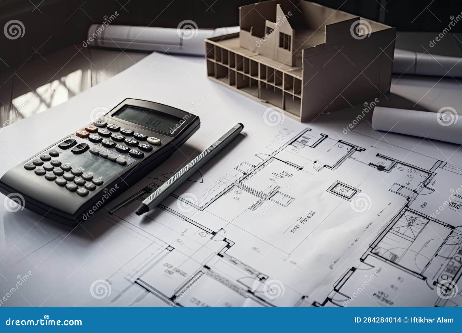 Architectural Blueprints, Calculator and House Model on Table ...