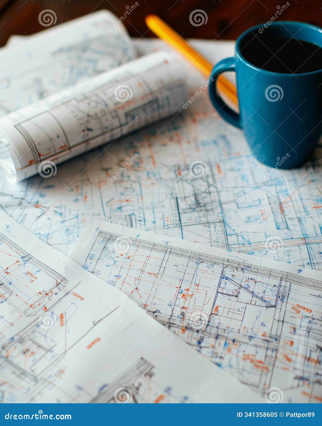 Architectural Blueprints and Coffee Mug on Table Stock Illustration ...