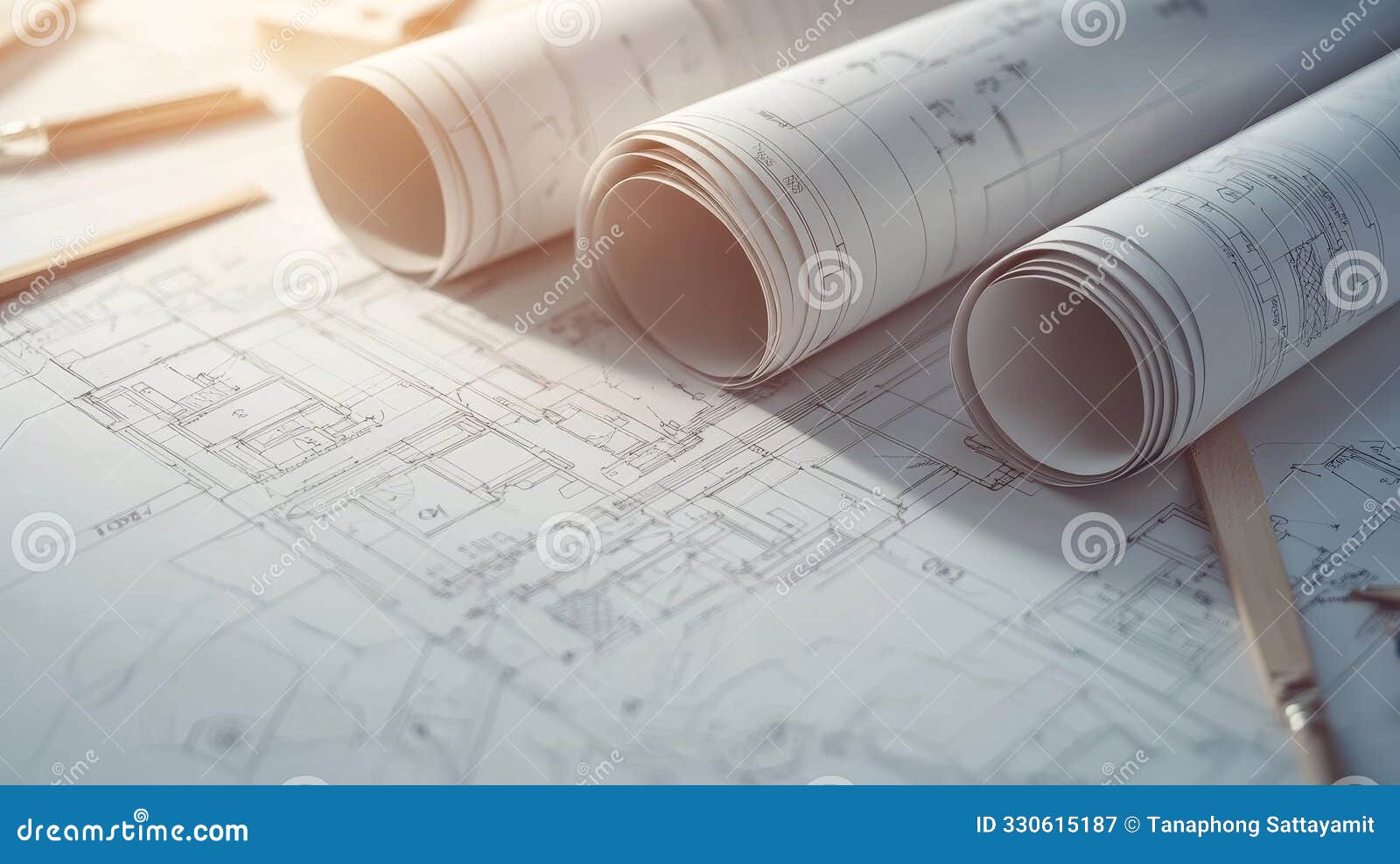 Architectural Blueprints and Design Plans Rolled Up on a Table ...