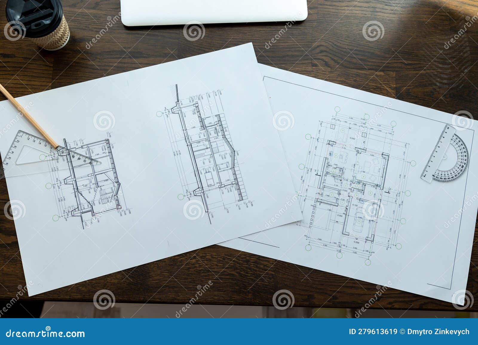 Blueprints Drawing Compass On Black Background Stock Photography ...