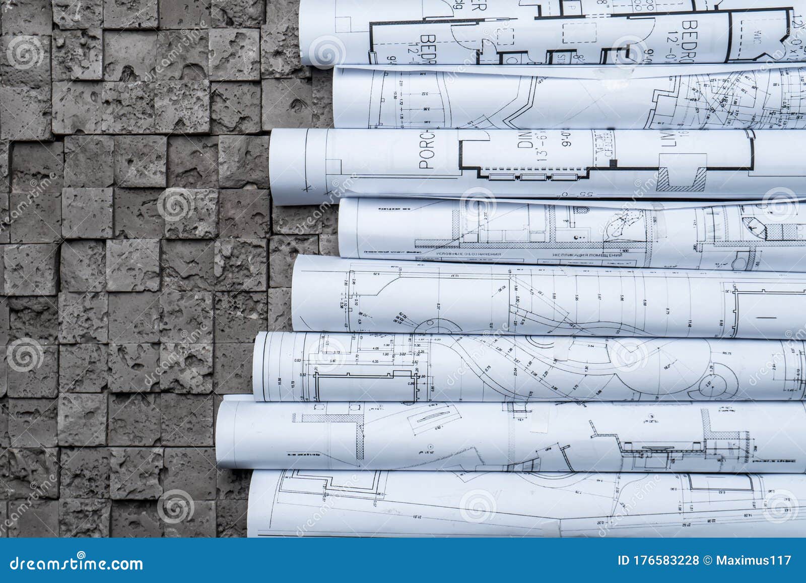 Architectural Blueprints on Grey Wall Backround Stock Photo - Image of ...