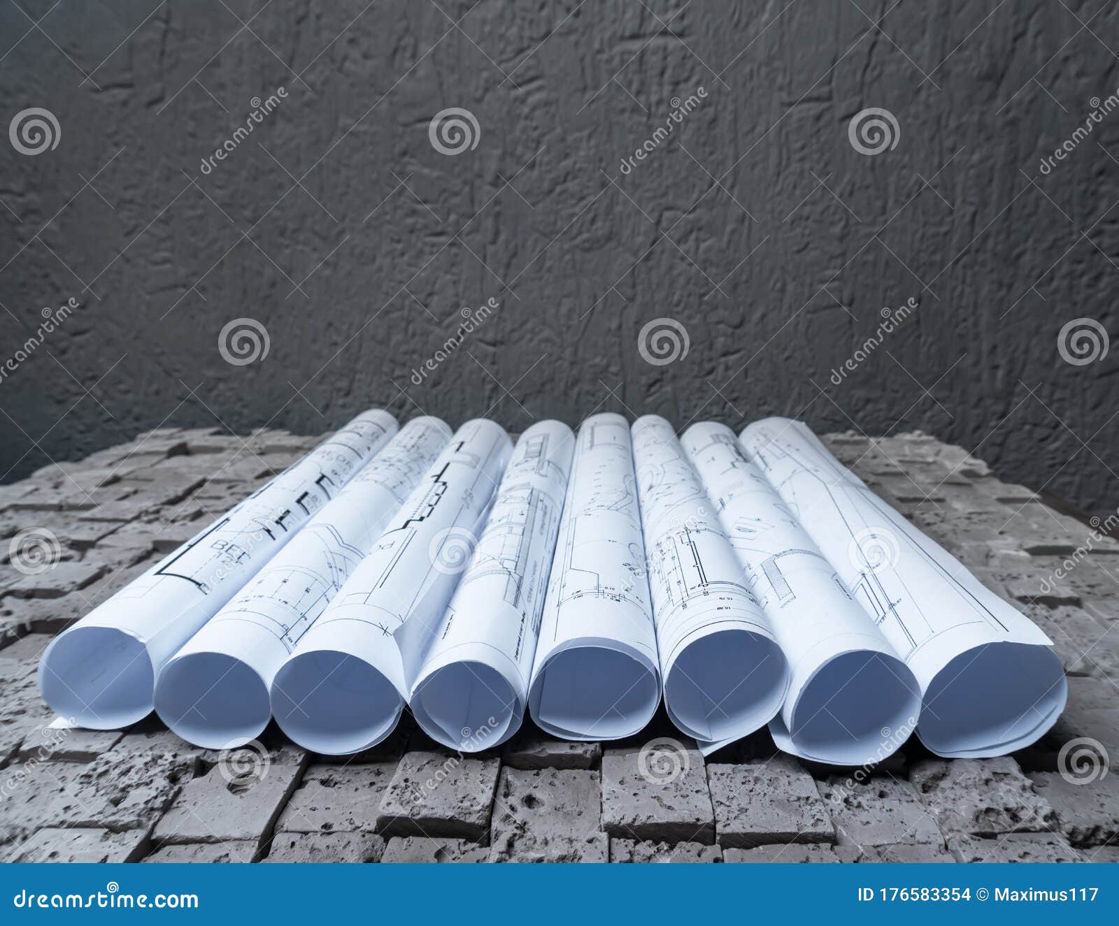 Architectural Blueprints on Grey Wall Backround Stock Photo - Image of ...