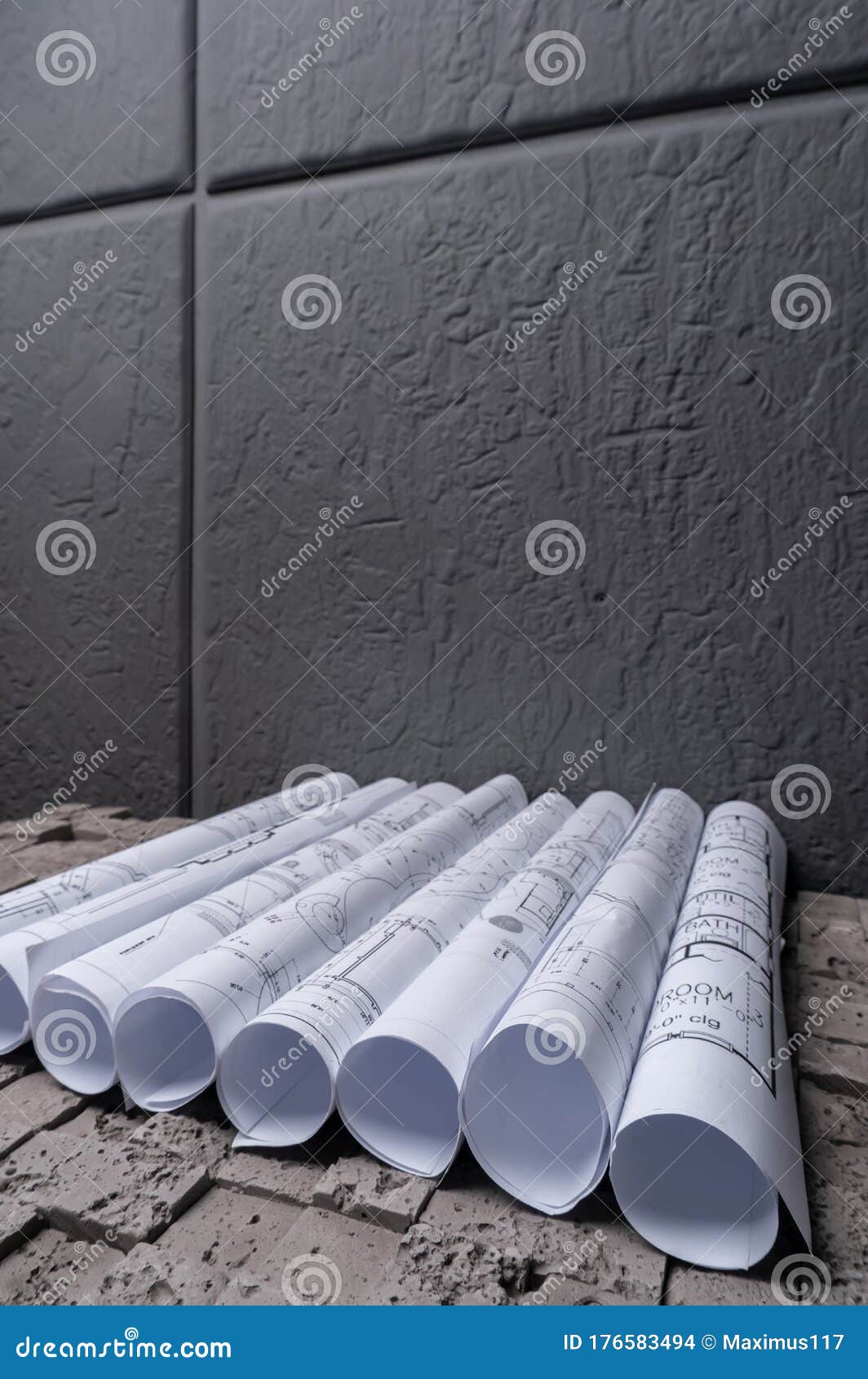 Architectural Blueprints on Grey Wall Backround Stock Photo - Image of ...