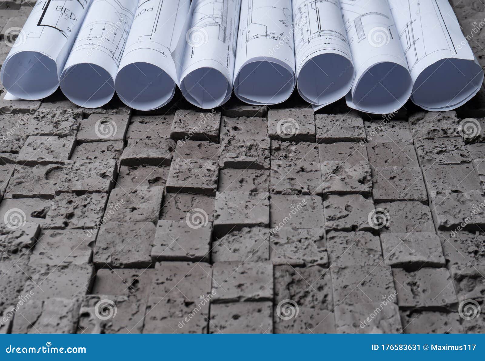 Architectural Blueprints on Grey Wall Backround Stock Image - Image of ...