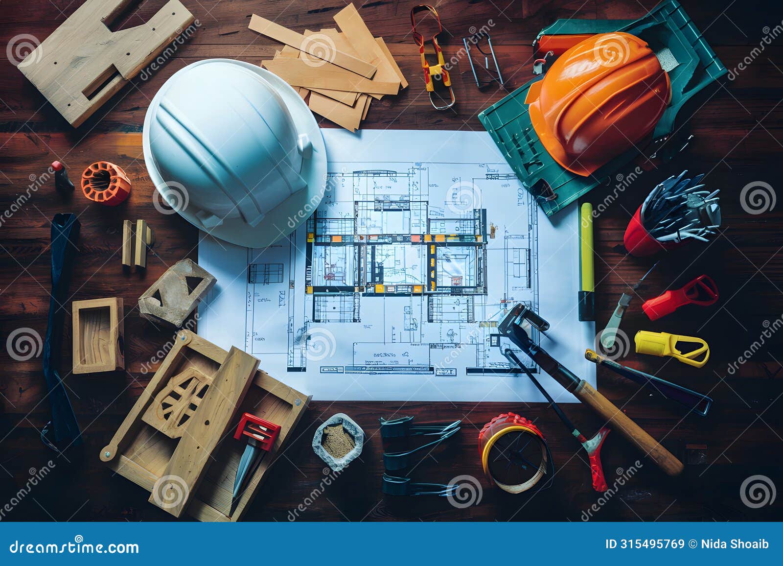 Architectural Blueprints with Hard Hat, Workspace with Construction ...