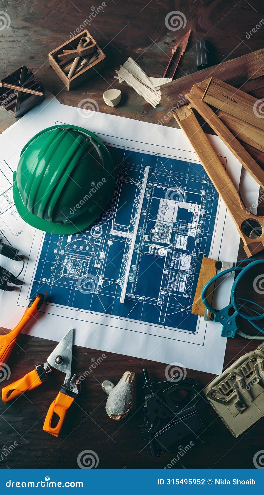 Architectural Blueprints with Hard Hat, Workspace with Construction ...