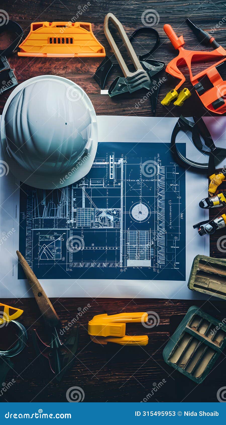 Architectural Blueprints with Hard Hat, Workspace with Construction ...