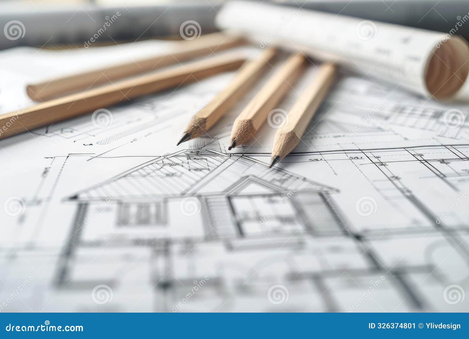 Architectural Blueprints with Pencils Closeup Stock Image - Image of ...