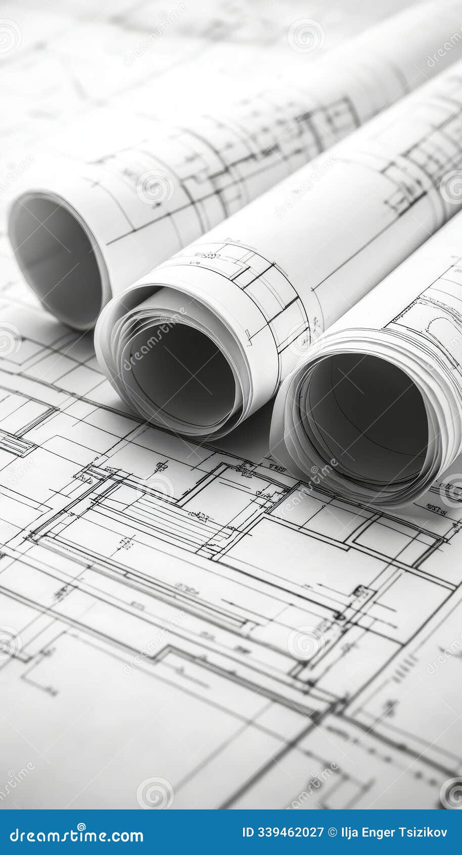 Architectural Blueprints. Rolls of Construction Plans Unfurled Stock ...