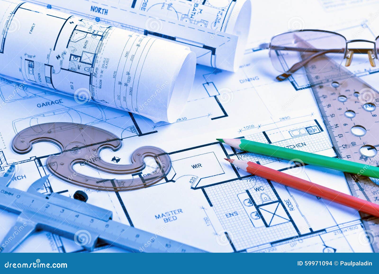 Architectural Blueprints Rolls and Engineering Items Stock Photo ...