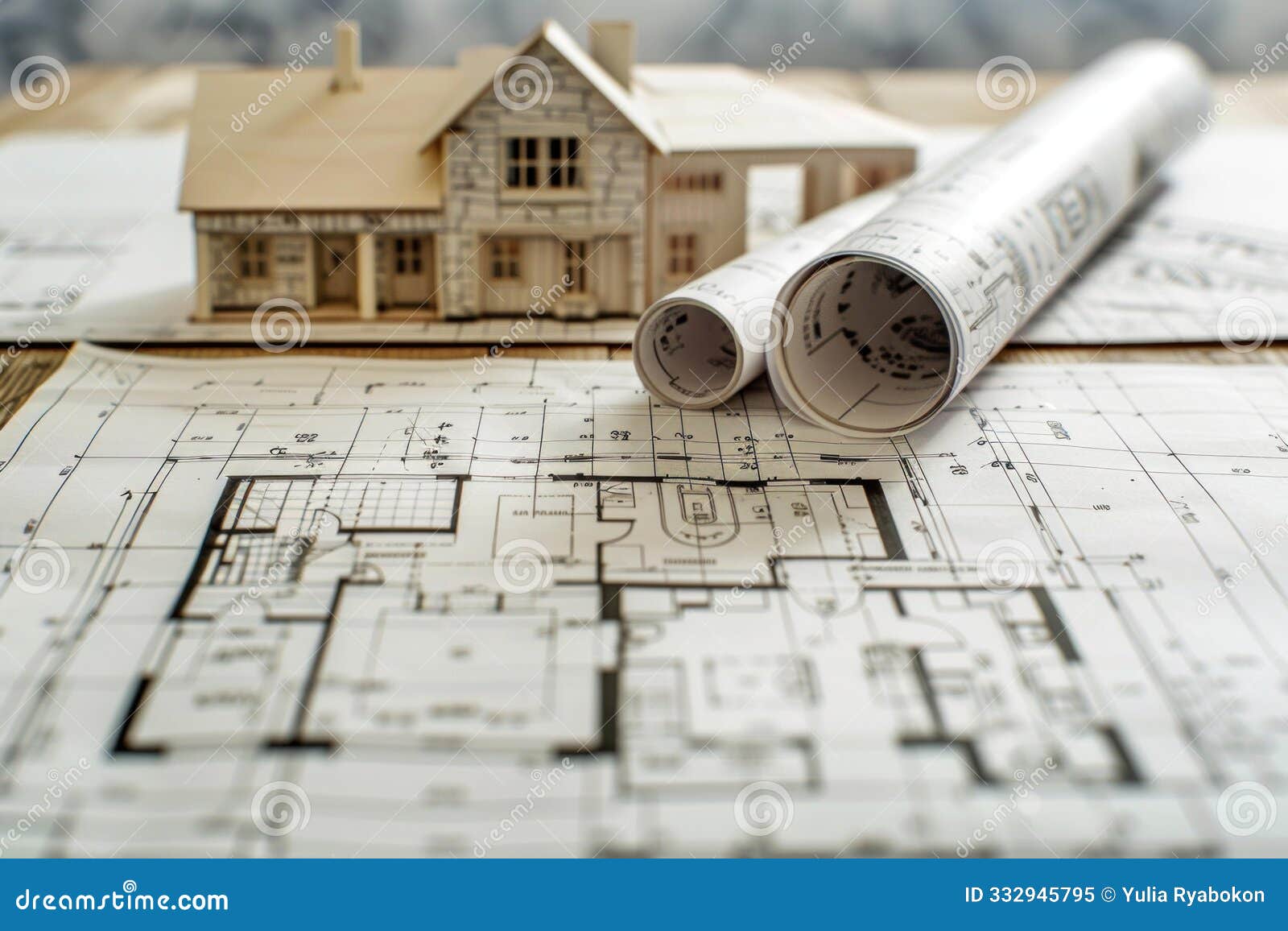 Architectural Blueprints And Blueprint Rolls And A Drawing Instruments ...