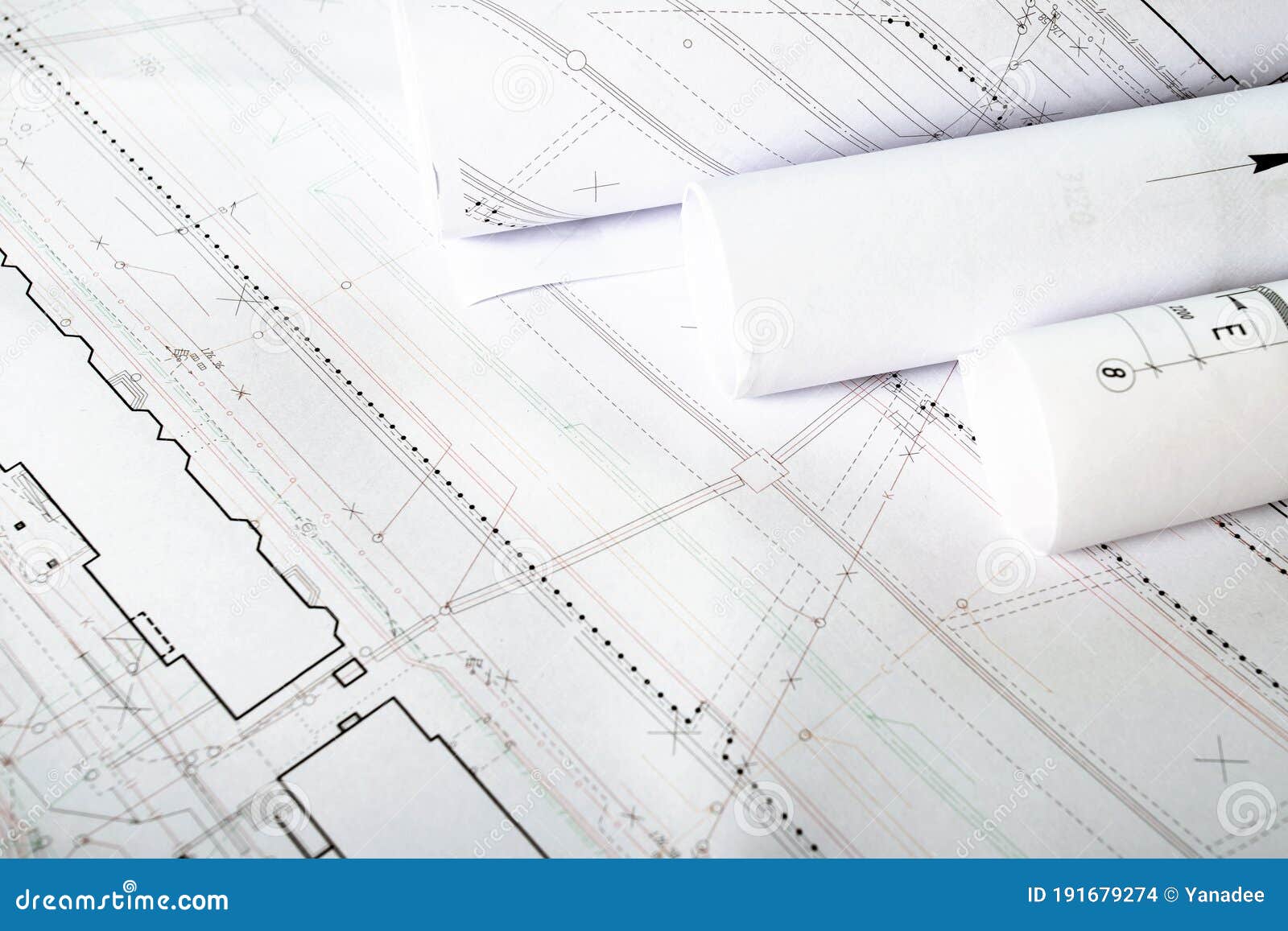 Architectural Blueprints on a Table Close Up Stock Photo - Image of ...