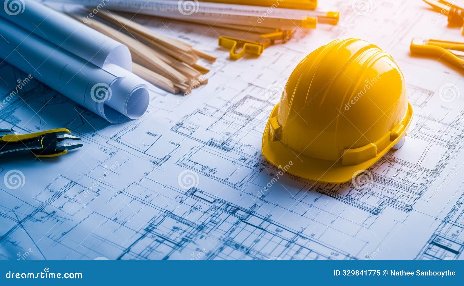 Architectural Blueprints with Yellow Hard Hat Stock Illustration ...