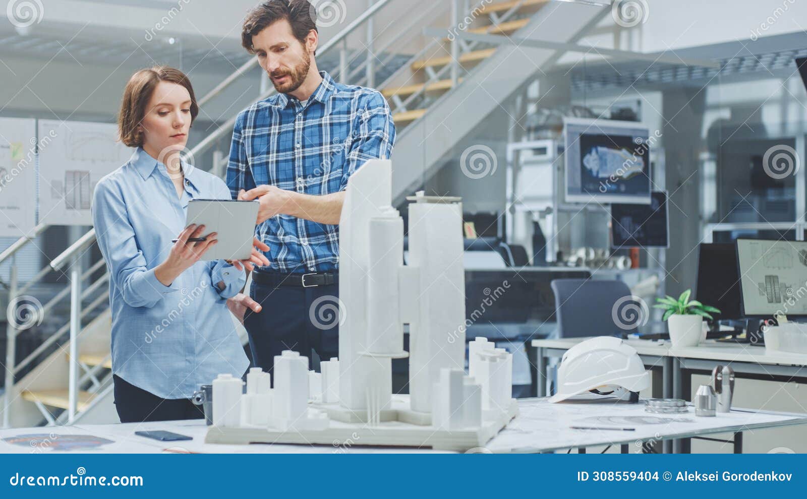 In Architectural Bureau: Architect and Engineer Talking, Working on a ...