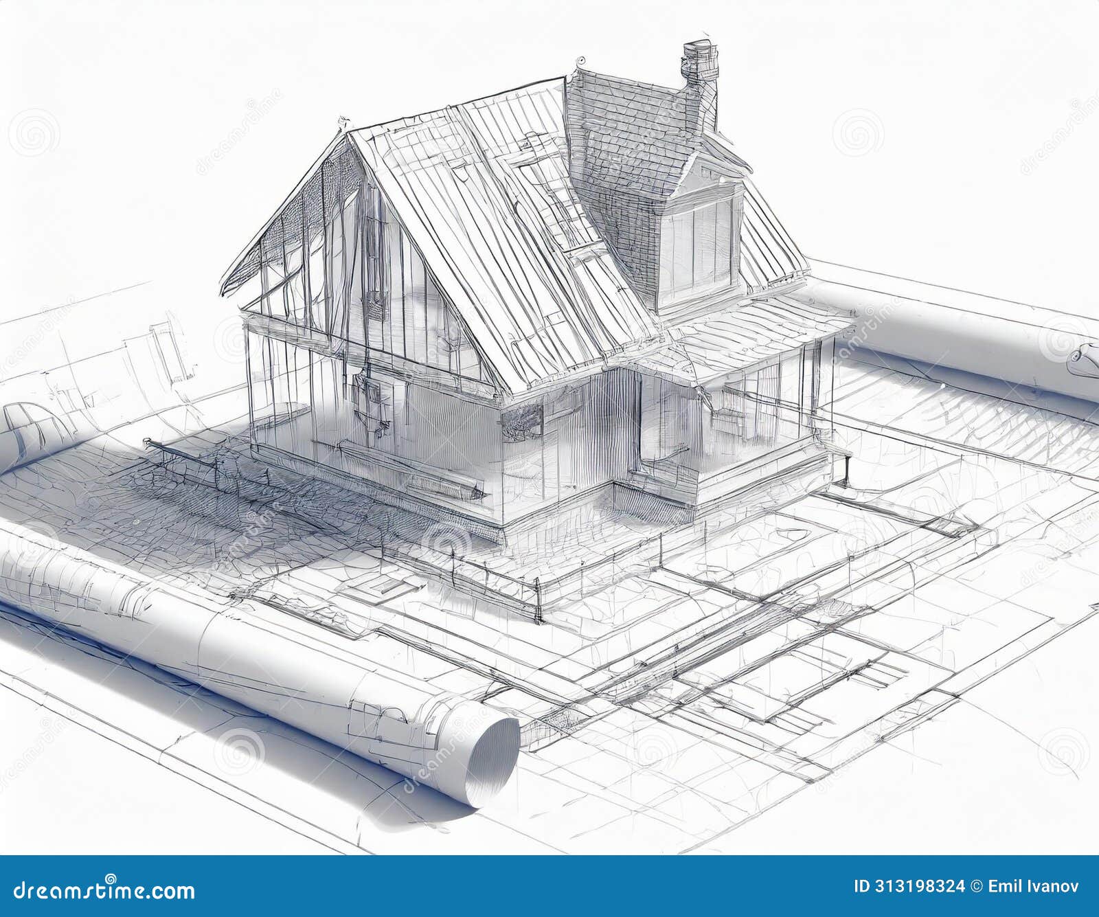 Architectural Concept Drawing of a House and Wireframe Model on Top ...