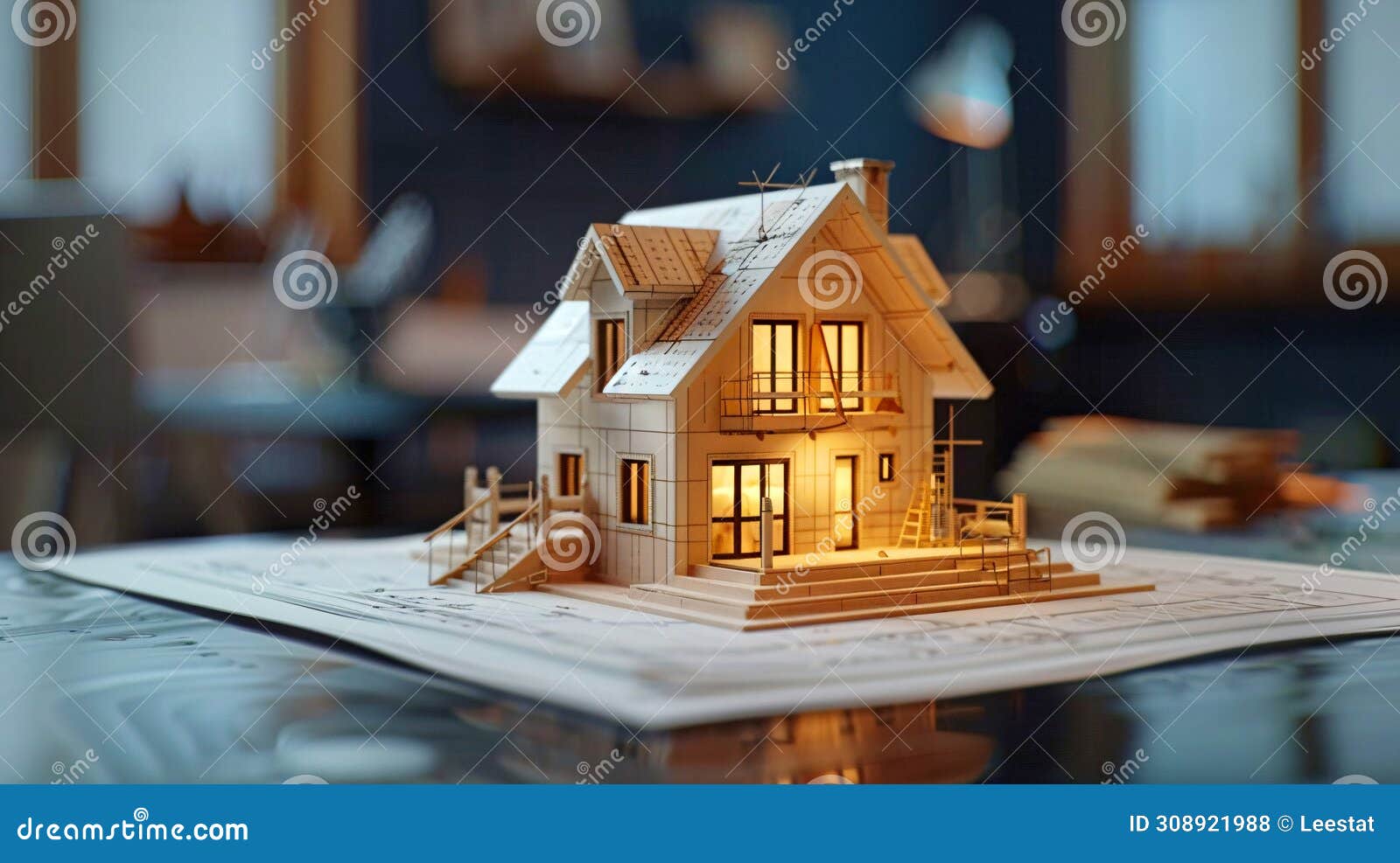 Architectural Concept: Realistic House Model on Blueprint Stock ...
