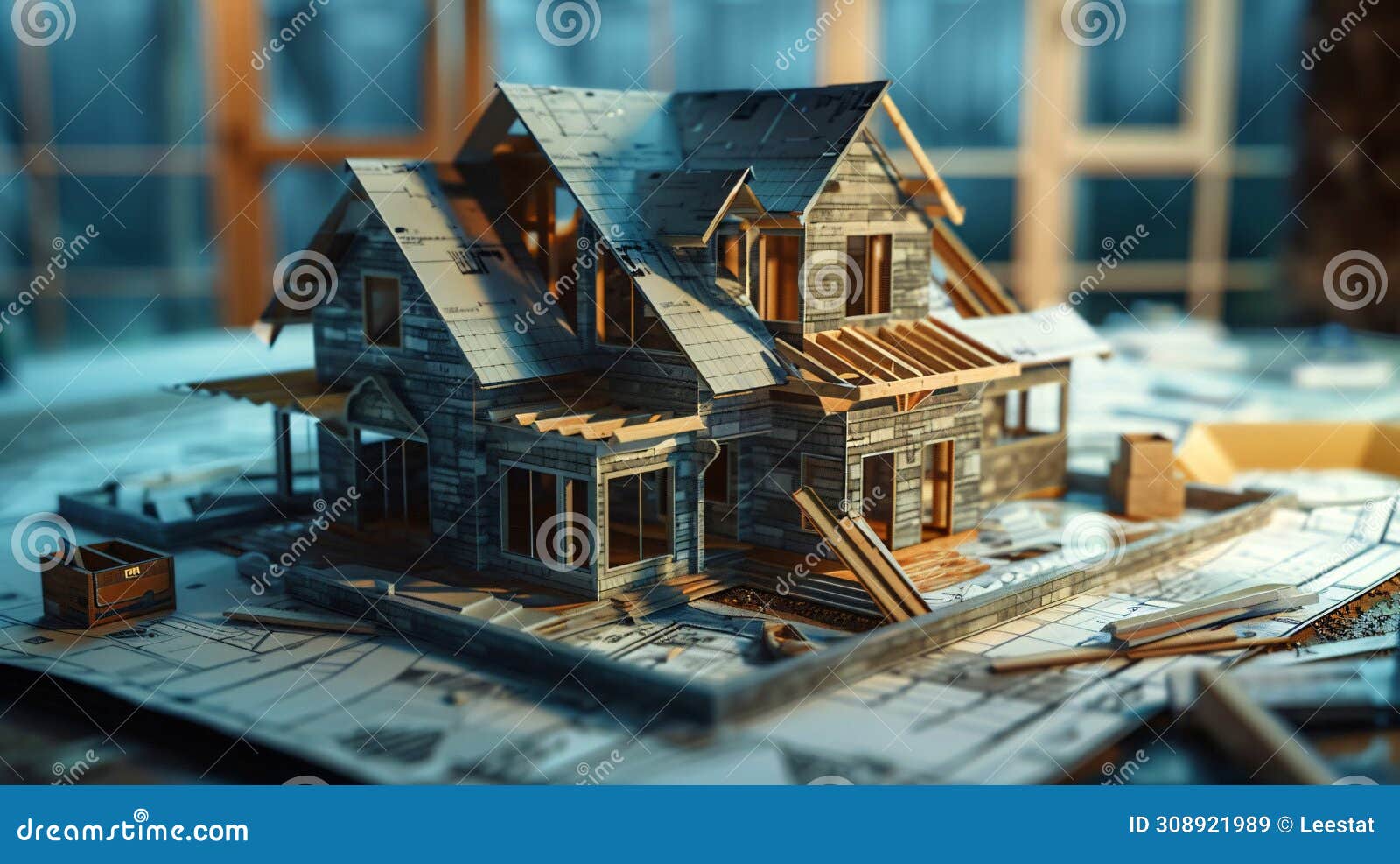 Architectural Concept: Realistic House Model on Blueprint Stock ...