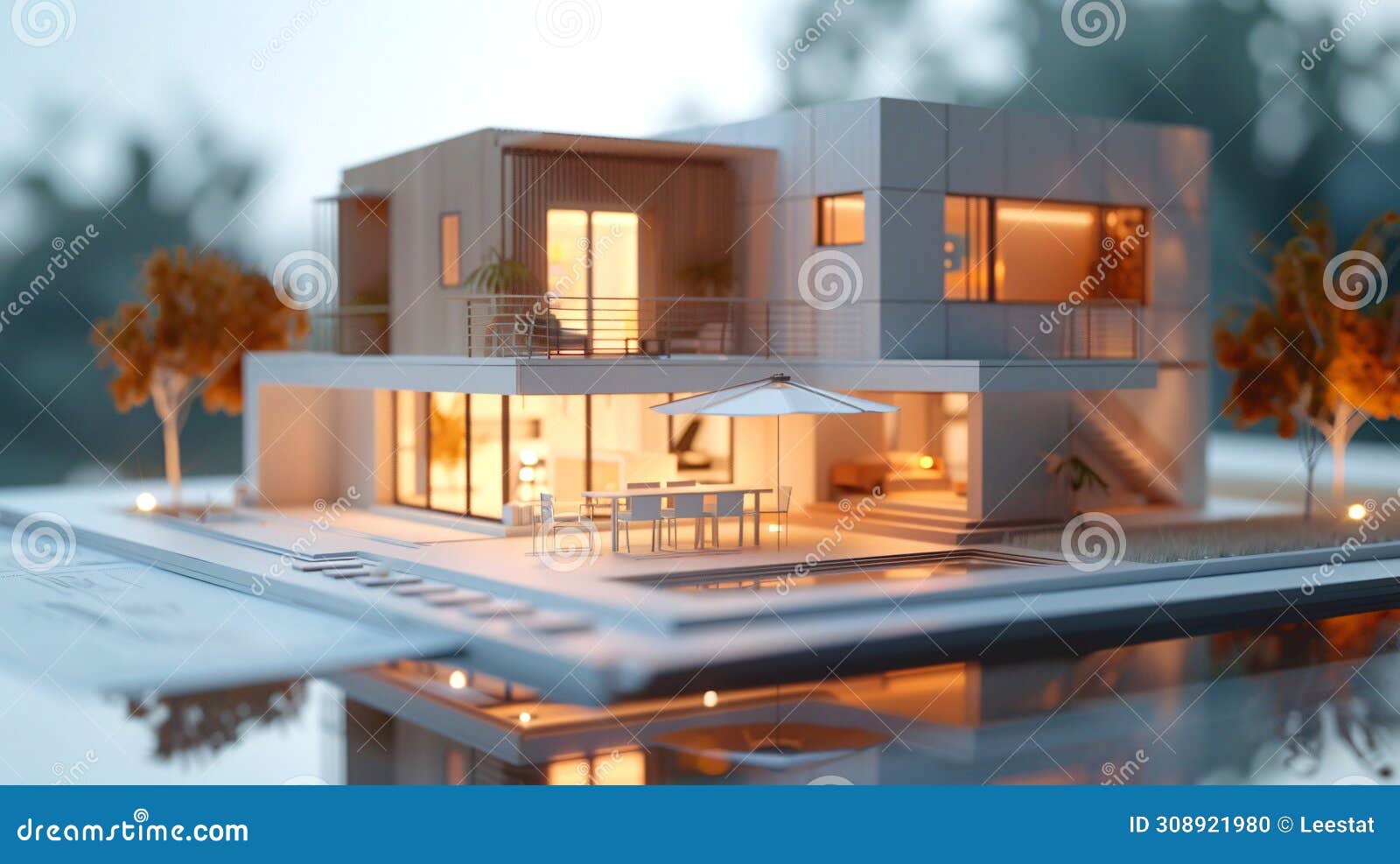 Architectural Concept: Realistic Modern House Model on Blueprint Stock ...