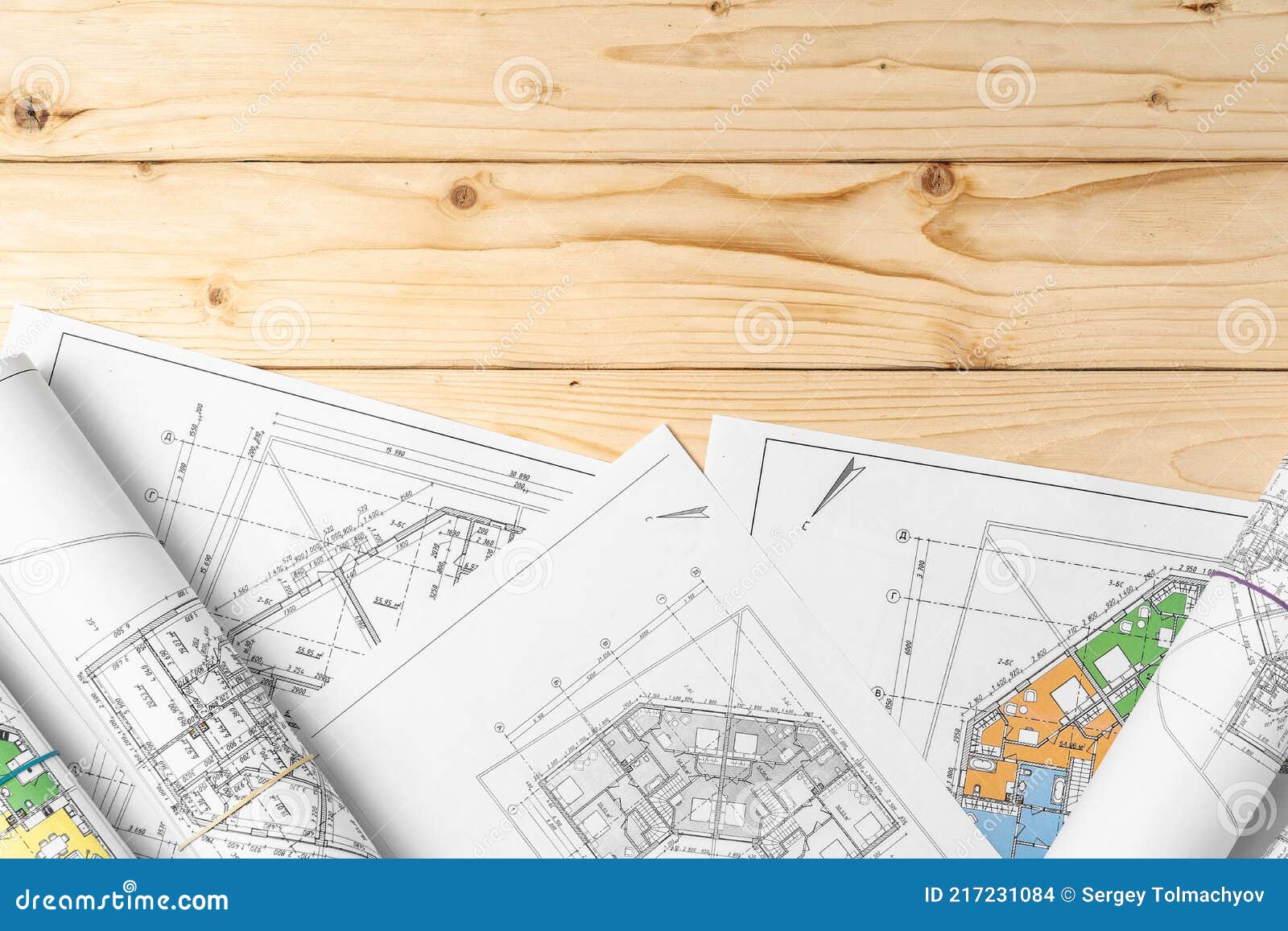Architectural Construction Plans Paper on Table Close Up Stock Photo ...