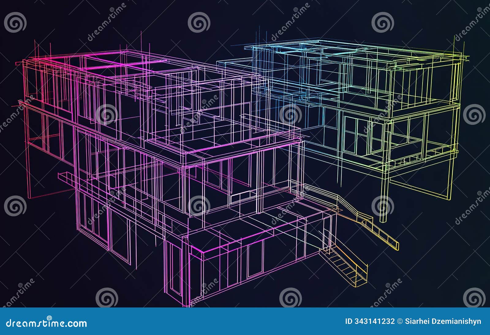 Architectural Design Blueprint of Modern Buildings with Vibrant Neon ...