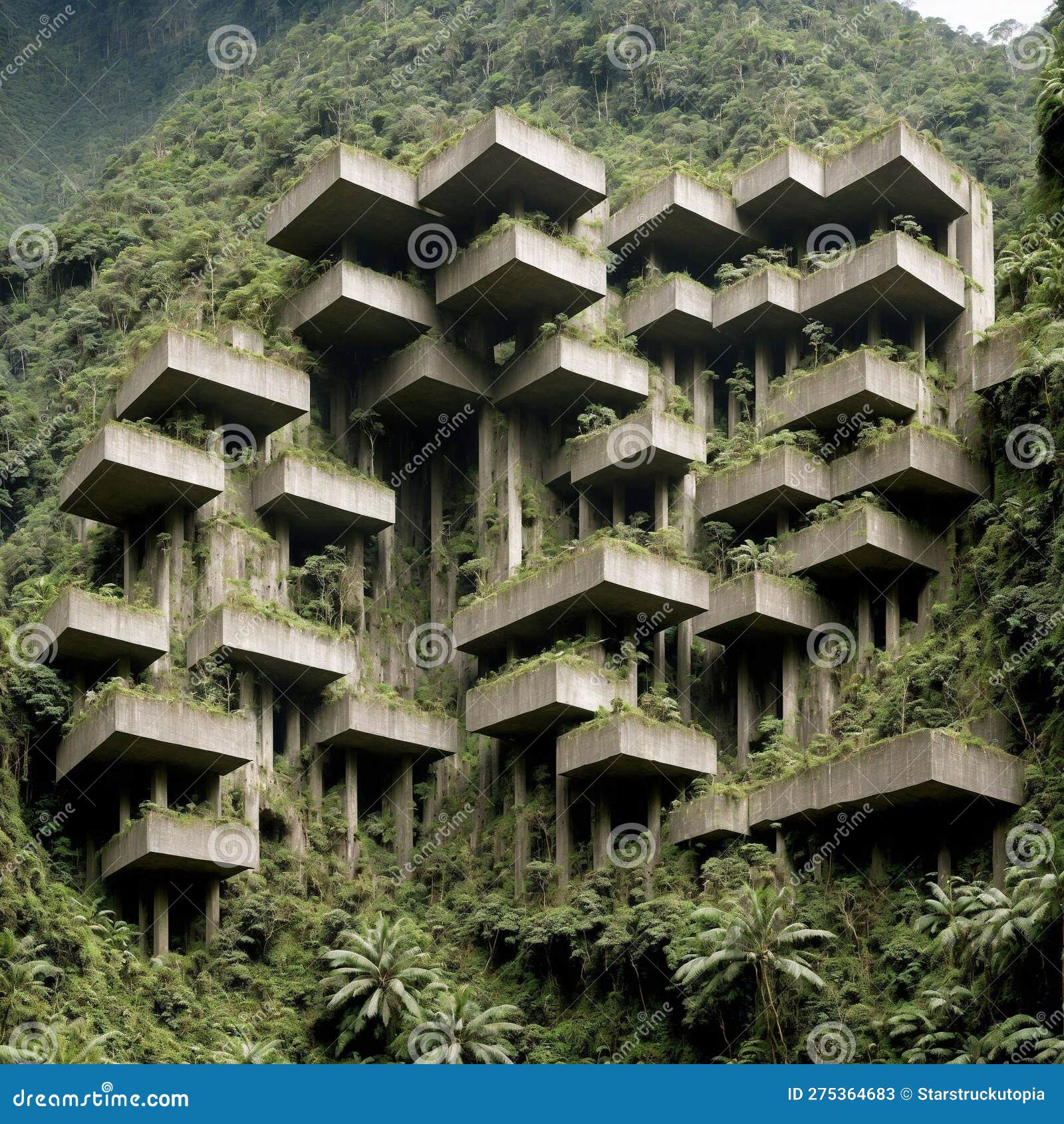 Landscape of an Abandoned Brutalist Building Structure Built on Mountainous Rainforest Terrain ...
