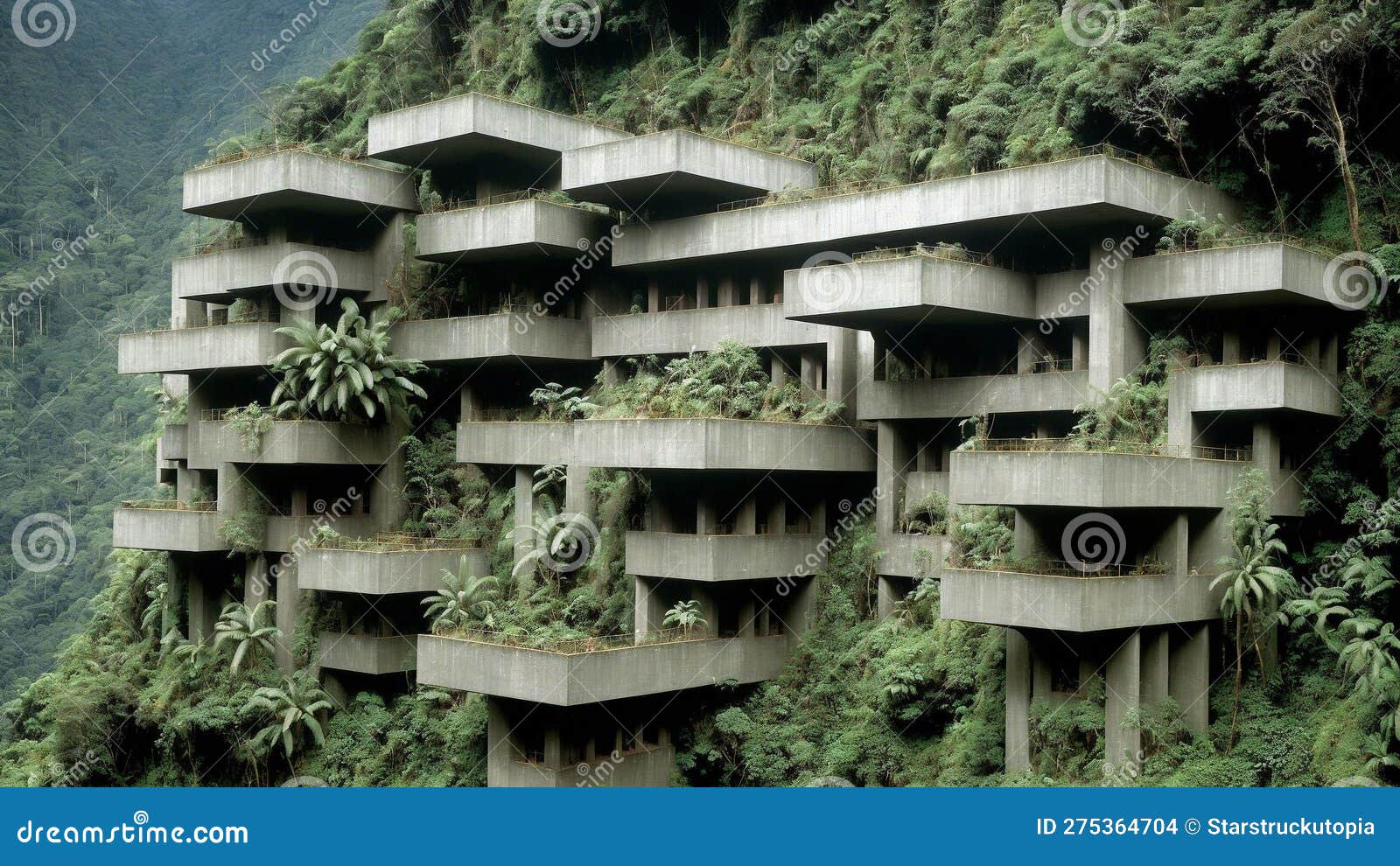 Landscape of an Abandoned Brutalist Building Structure Built on Mountainous Rainforest Terrain ...