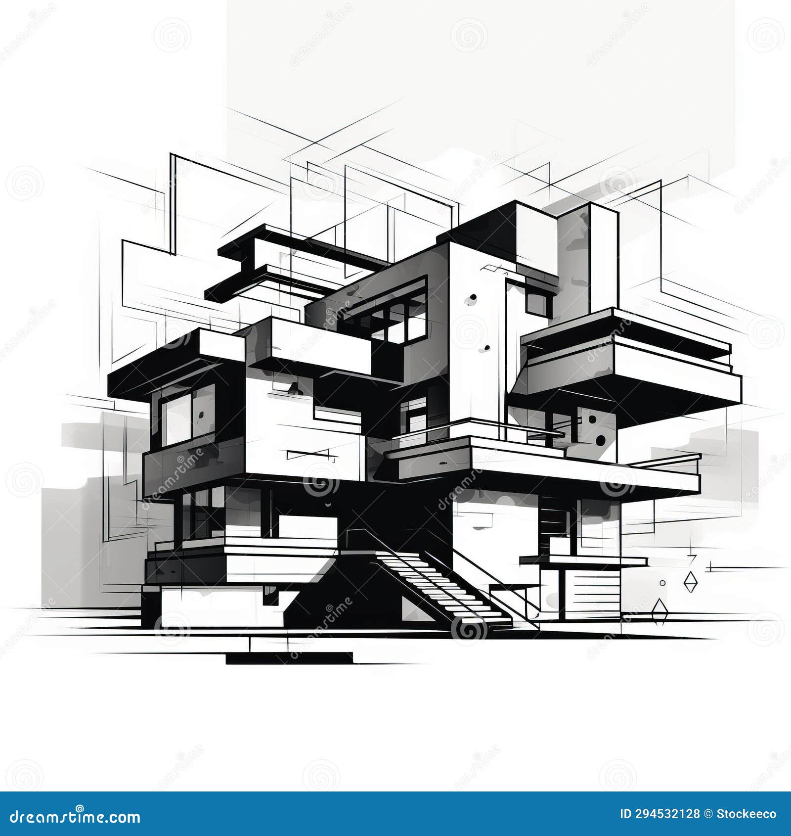 Modernist Architecture: Abstract Black and White Sketch of a Dynamic ...