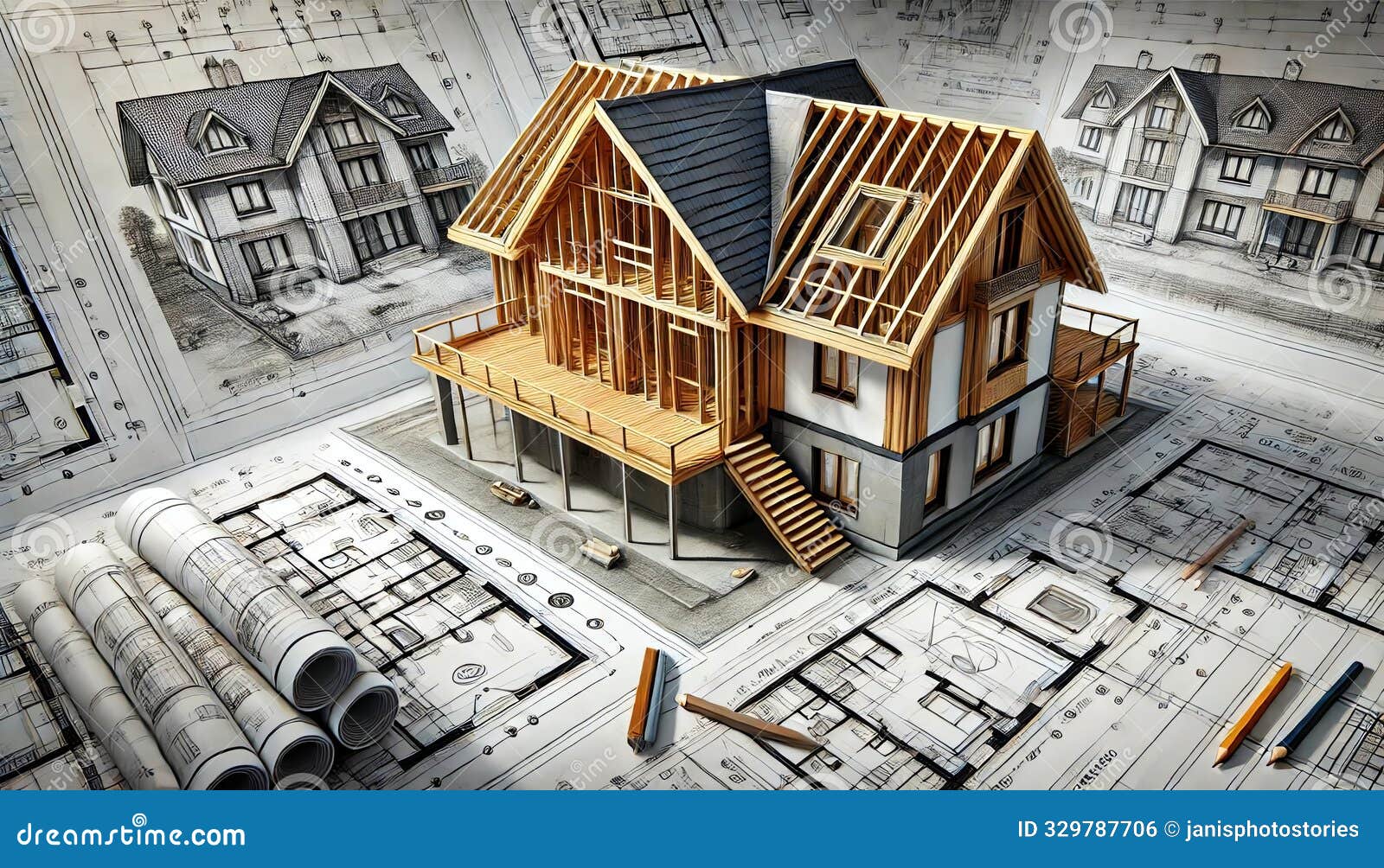 Architectural Design of a Modern House with Blueprints in Grayscale ...