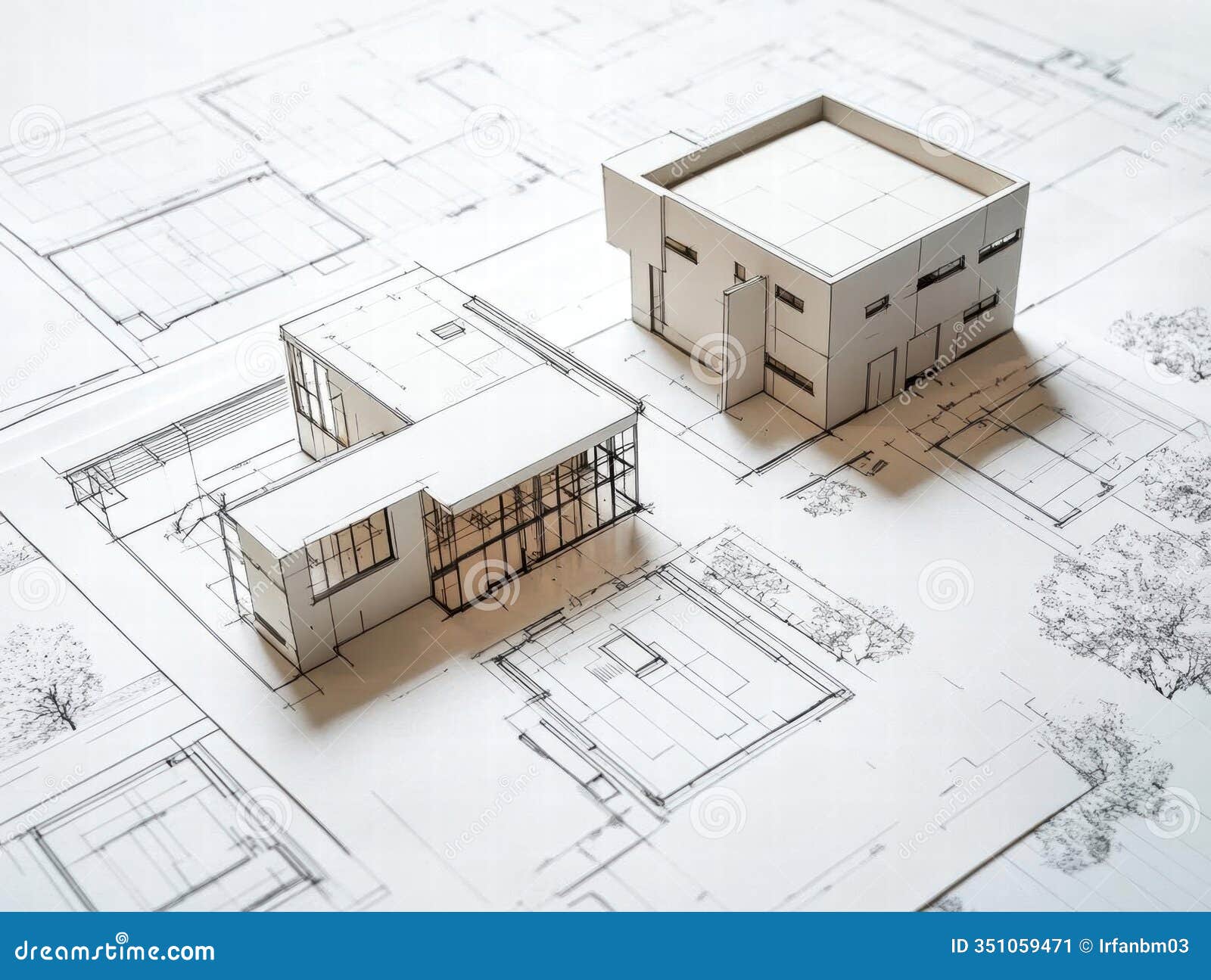 Architectural Design, Modern House Models on Blueprint Stock Image ...
