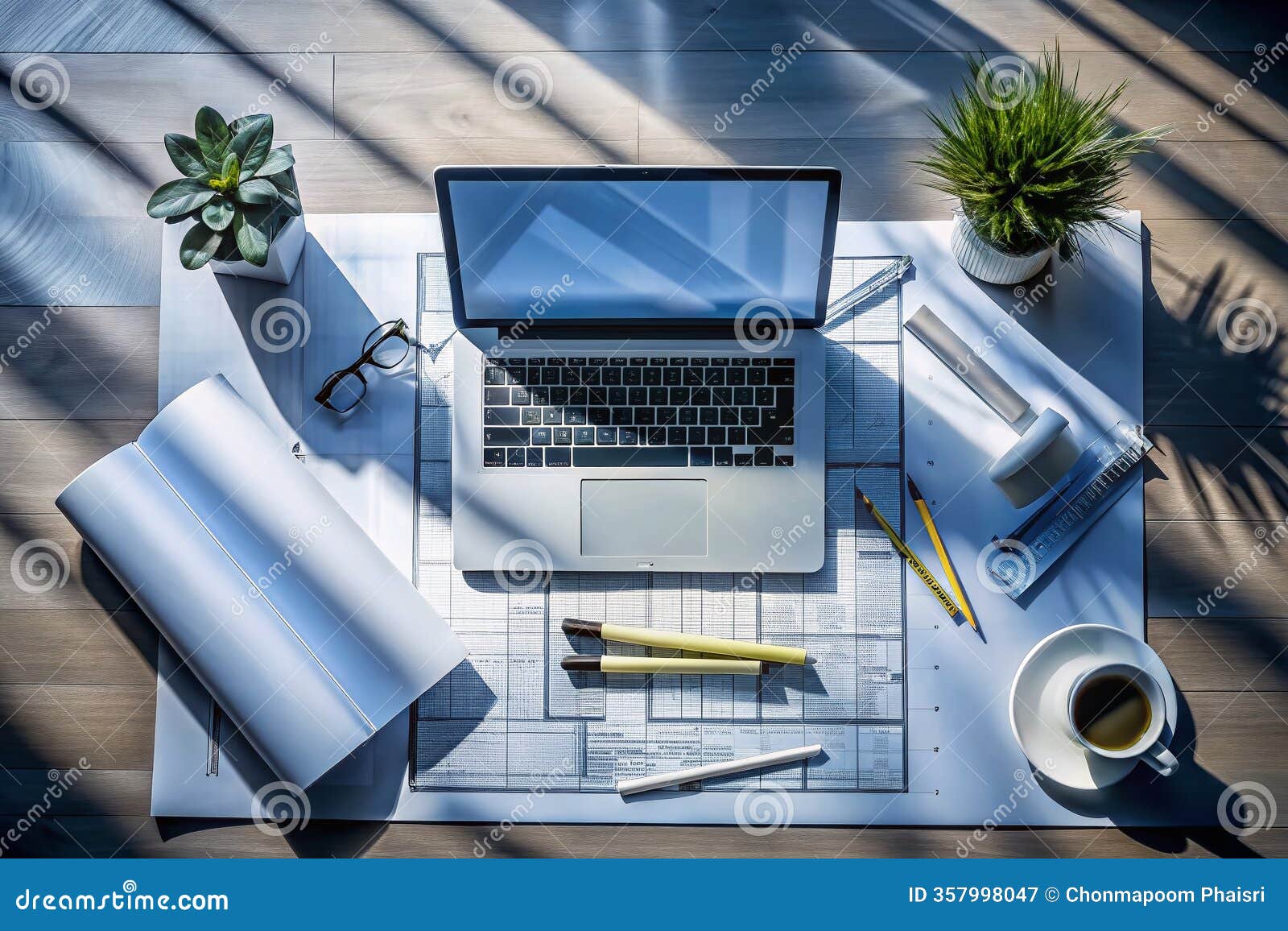 Architectural Design Project Workspace Mockup TopDown View of a Modern Engineering and Drafting ...