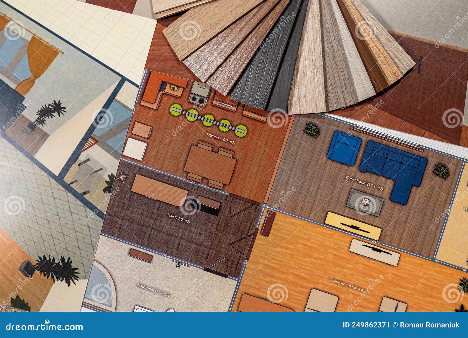 Architectural Design of Work with Color Palette and Sketch Plan Printed ...