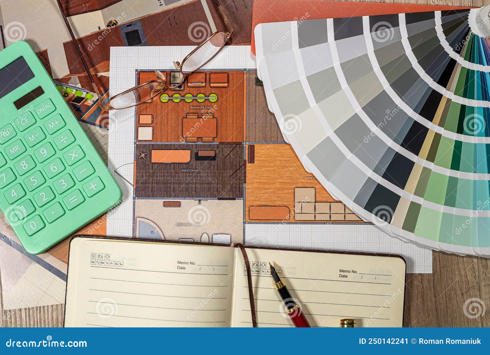 Architectural Design of Work with Color Palette and Sketch Plan Printed ...
