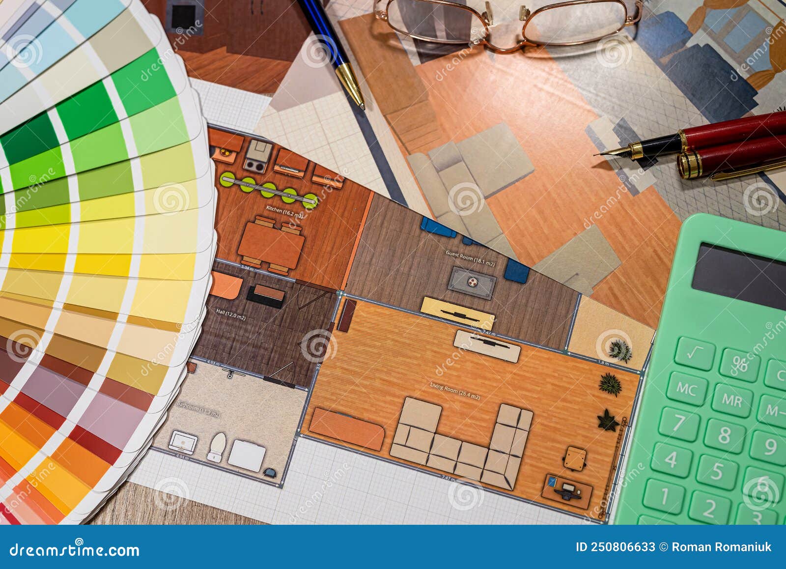 Architectural Design of Work with Color Palette and Sketch Plan Printed ...