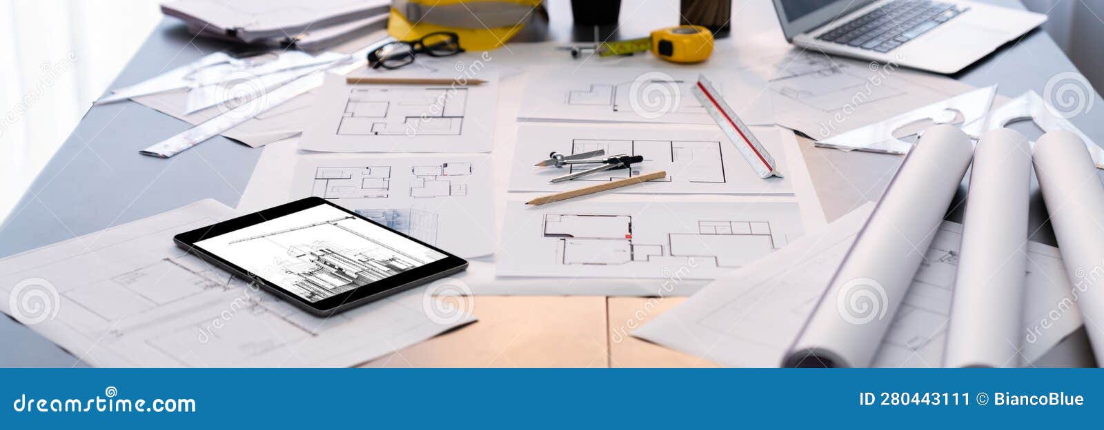 Architectural Designed Blueprint Layout and Engineer Tools on Table ...