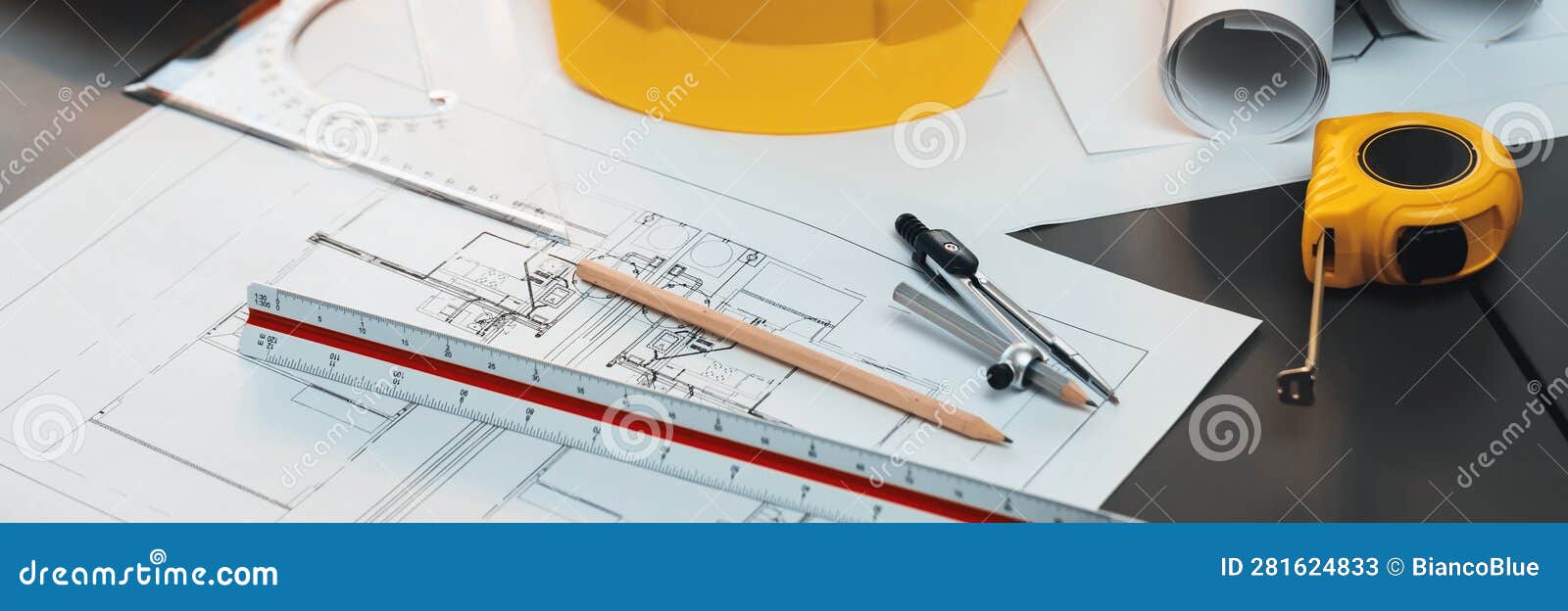 Architectural Designed Blueprint Layout and Engineer Tools on Table ...