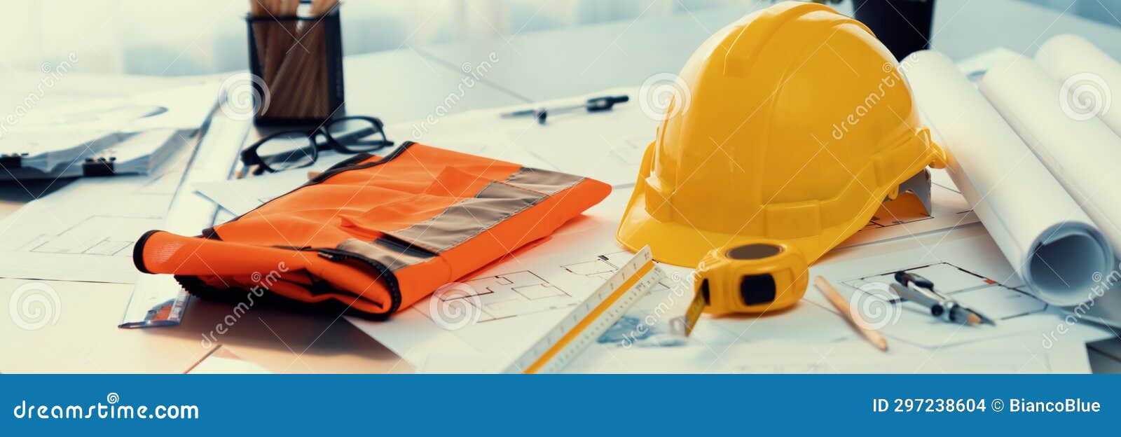 Architectural Designed Blueprint Layout and Engineer Tools on Table ...