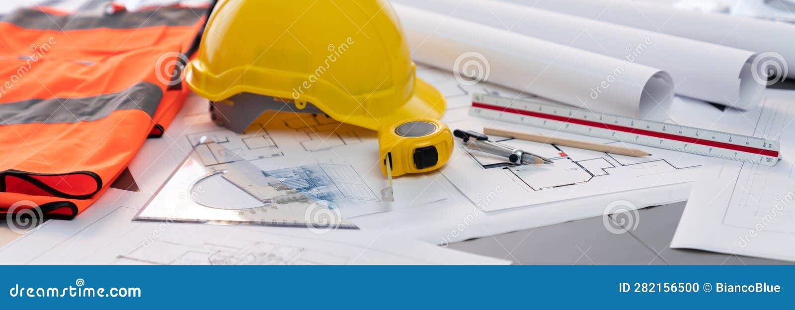 Architectural Designed Blueprint Layout and Engineer Tools on Table ...