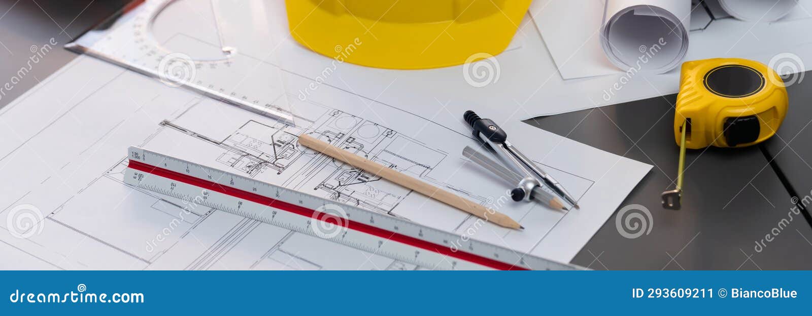 Architectural Designed Blueprint Layout and Engineer Tools on Table ...
